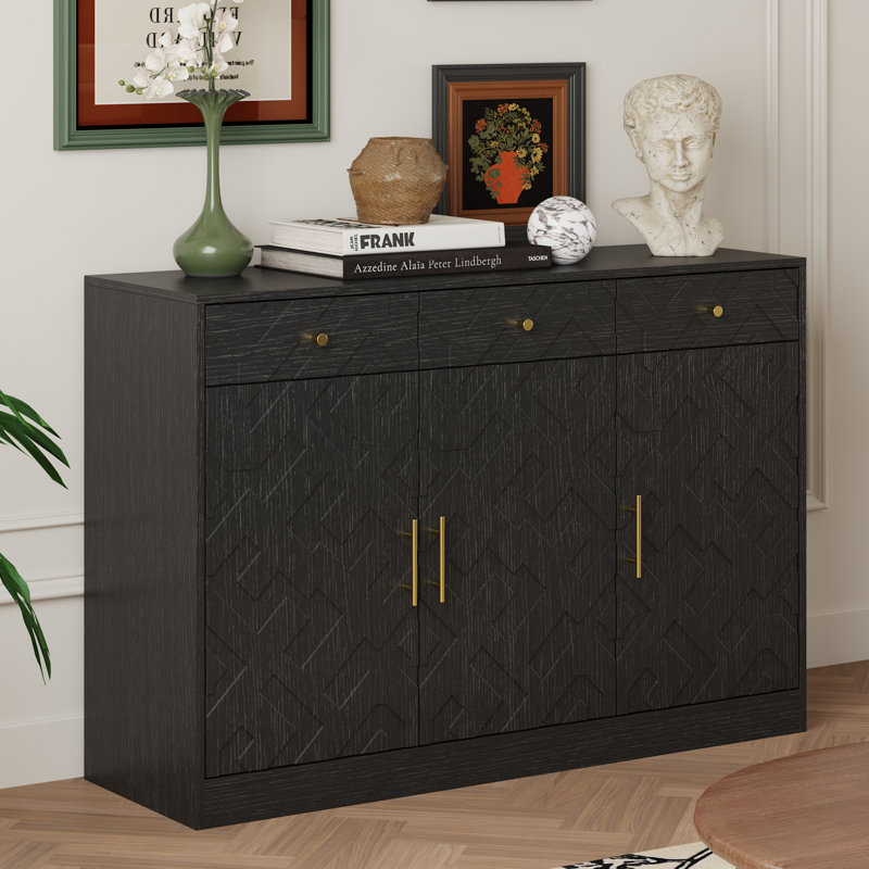 Ebern Designs 47.2" Wide 3-Door Embossed Accent Cabinet With 2 Drawers | Wayfair